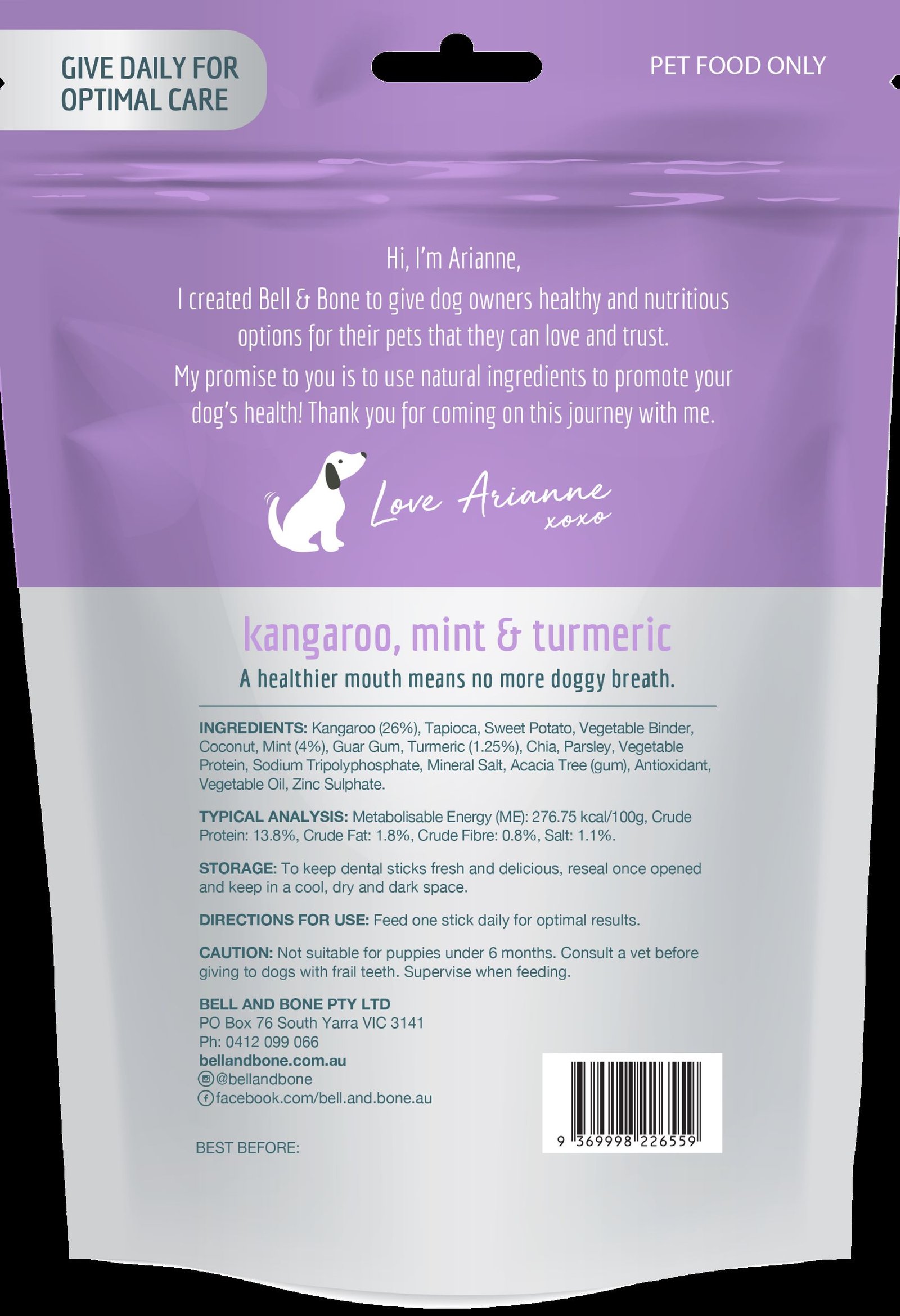 Bell & Bone Dental Stick Kangaroo, Mint & Tumeric – Aussie Paws Nutrition